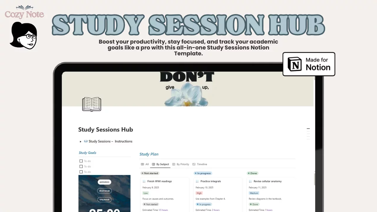 Study Sessions Hub Notion Template for 2 by Cozy Note - Students Notion Template